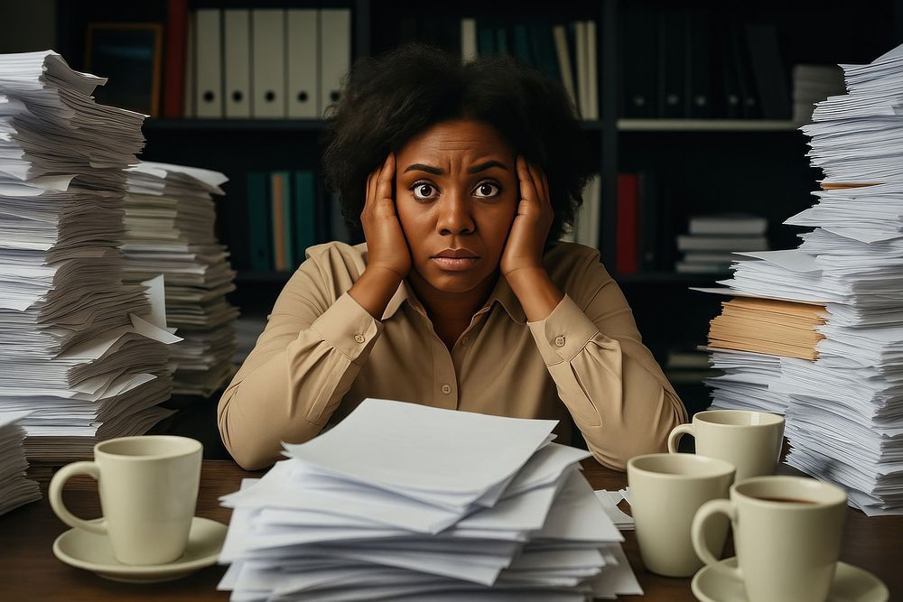 Overwhelmed office paperwork stress | Free Photo - rawpixel