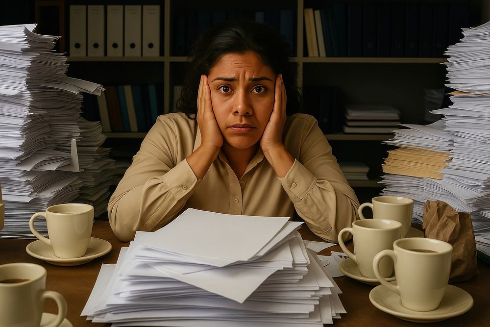 Overwhelmed office paperwork stress. | Free Photo - rawpixel