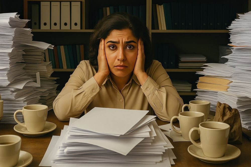 Overwhelmed office paperwork stress. | Free Photo - rawpixel