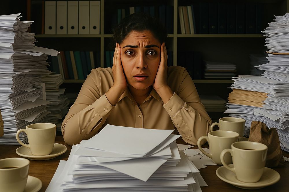 Overwhelmed woman with paperwork. | Free Photo - rawpixel