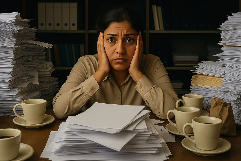 Overwhelmed office paperwork stress | Free Photo - rawpixel
