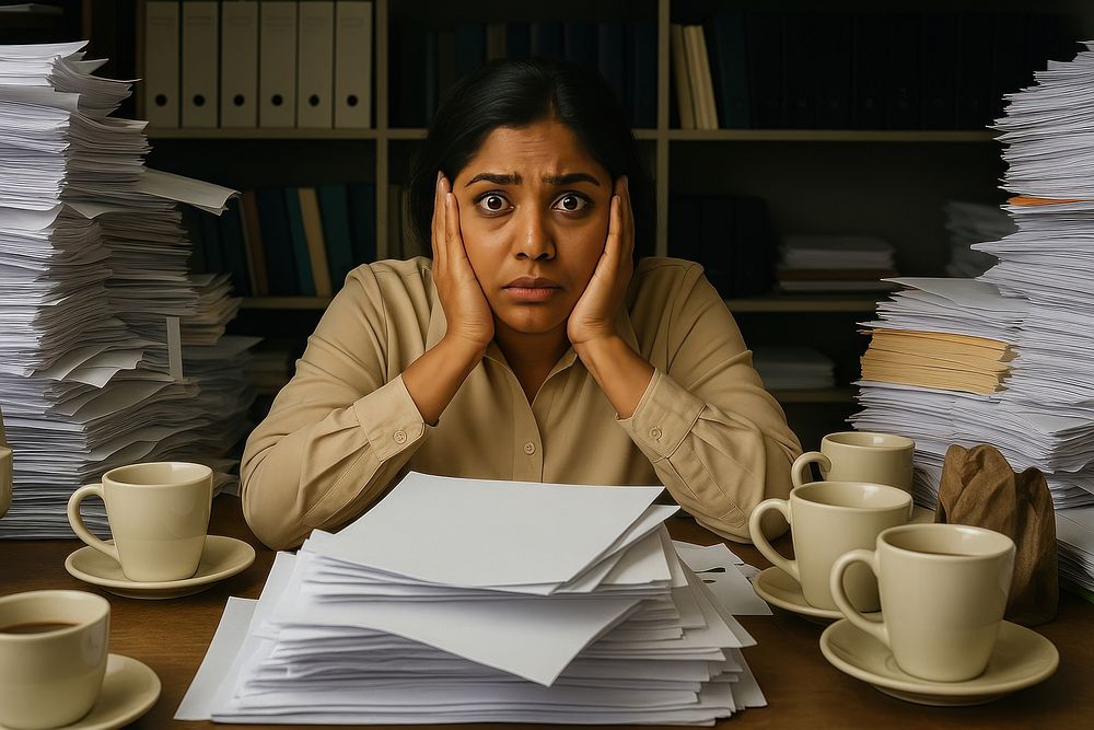 Overwhelmed office paperwork stress | Free Photo - rawpixel