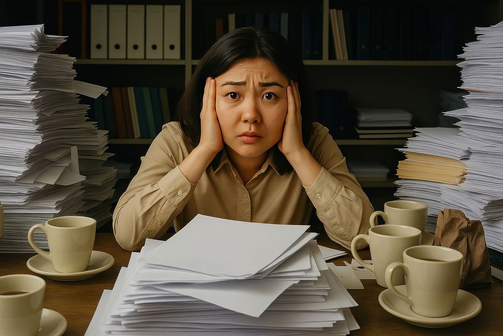Overwhelmed office paperwork stress. | Free Photo - rawpixel