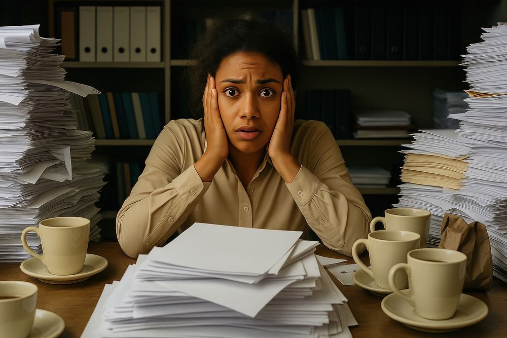 Overwhelmed office paperwork stress. | Free Photo - rawpixel
