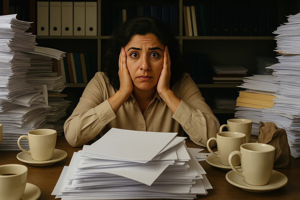 Overwhelmed office paperwork stress | Free Photo - rawpixel