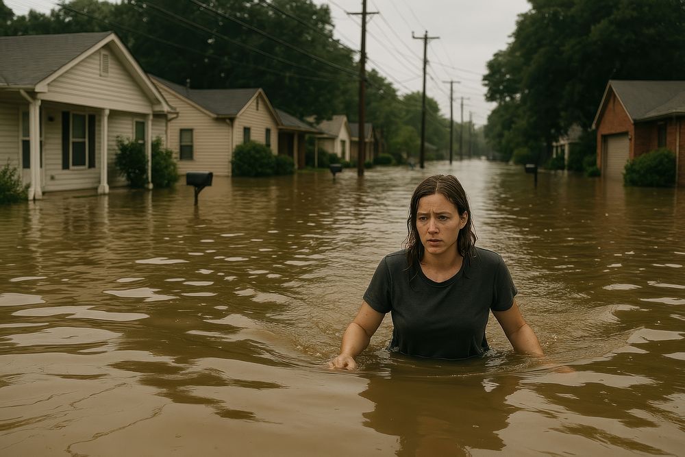 Woman wading through flooded street. | Free Photo - rawpixel