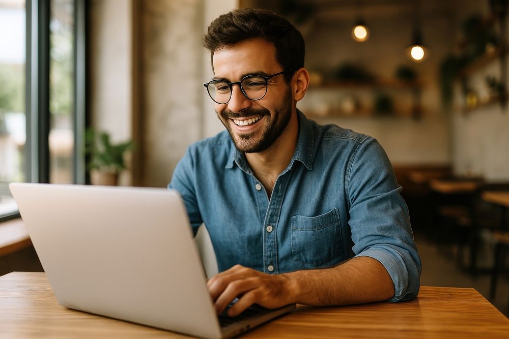 Smiling man using laptop | Free Photo - rawpixel