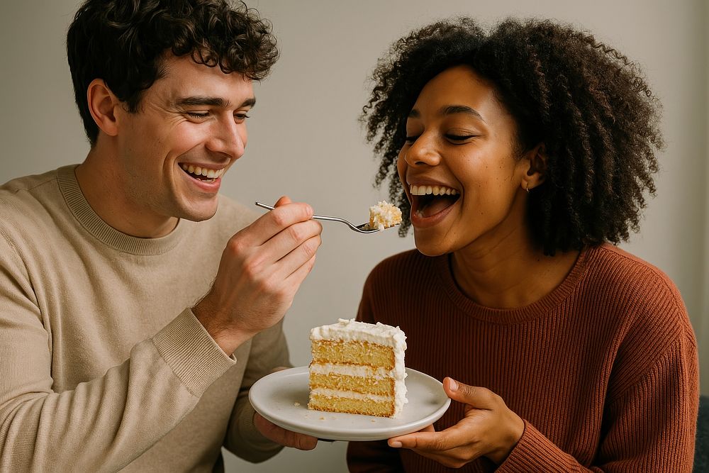 Joyful couple sharing cake slice | Free Photo - rawpixel
