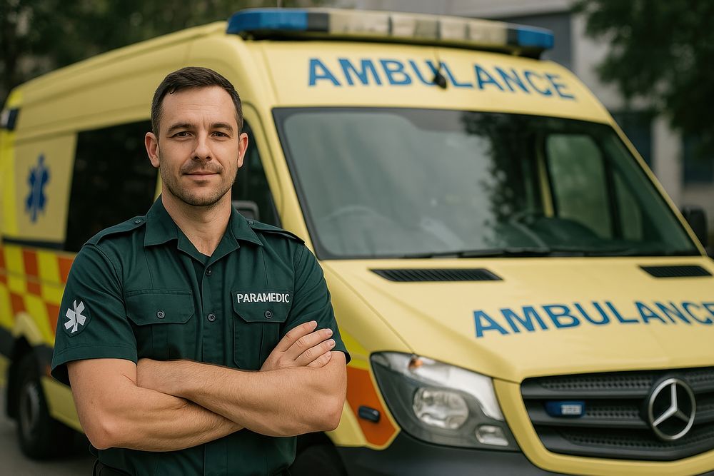 Confident paramedic beside ambulance. | Free Photo - rawpixel