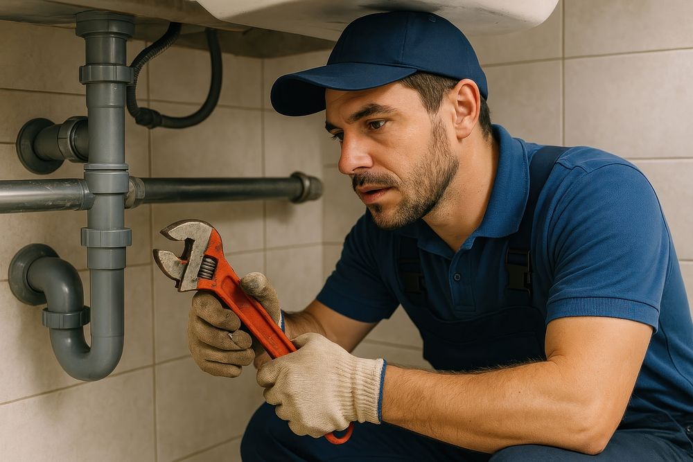 Plumber fixing pipes under sink. | Free Photo - rawpixel