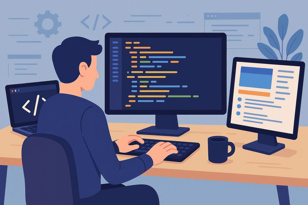 Developer coding on multiple screens. | Free Photo Illustration - rawpixel