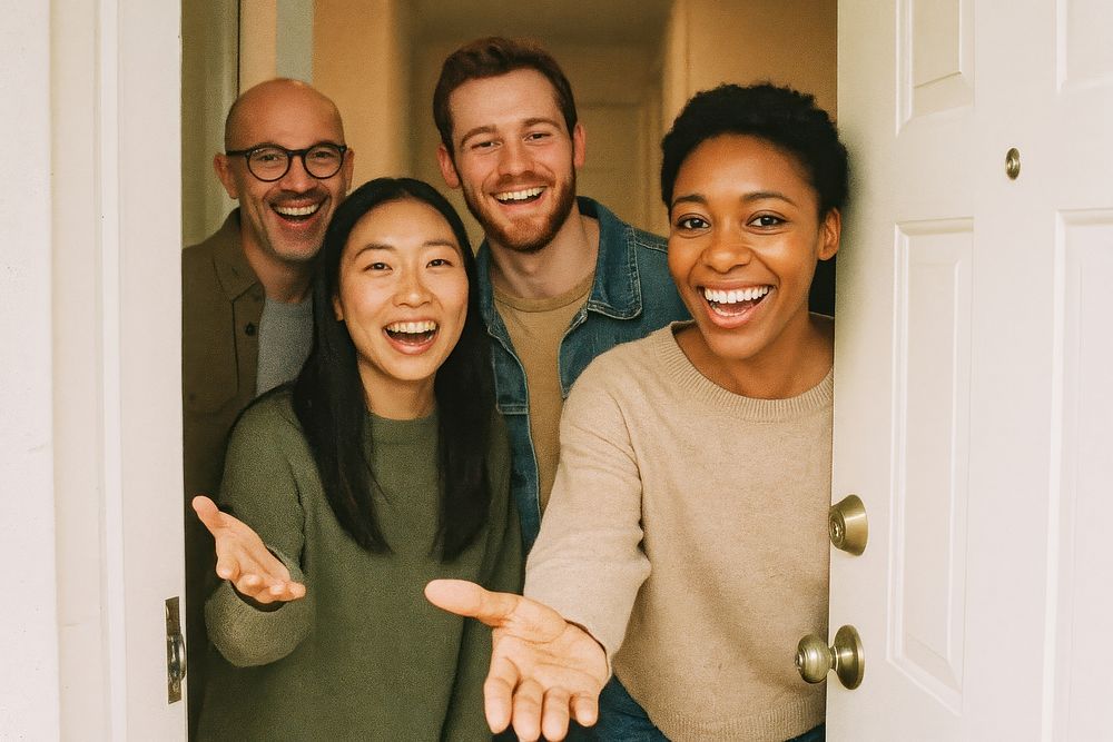Welcoming friends at home entrance. | Free Photo - rawpixel