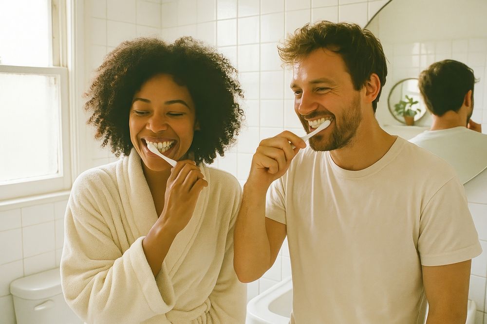 Couple brushing teeth together happily. | Free Photo - rawpixel