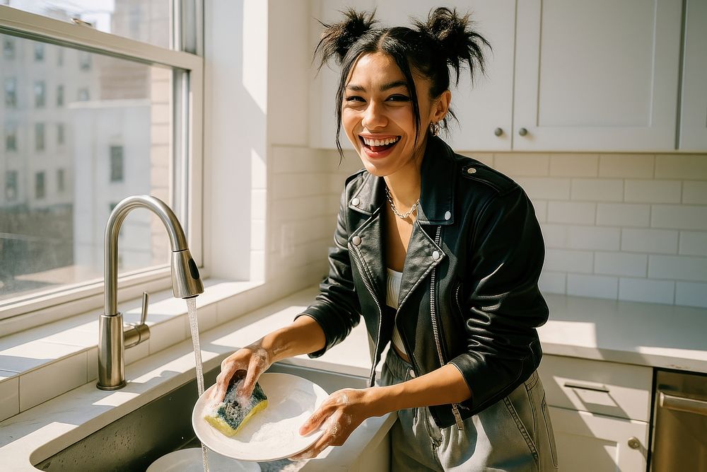 Joyful dishwashing in sunlight kitchen | Free Photo - rawpixel