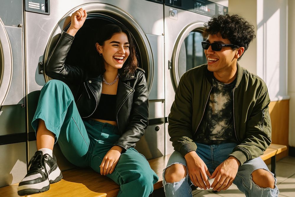 Friends enjoying laundromat fun. | Free Photo - rawpixel
