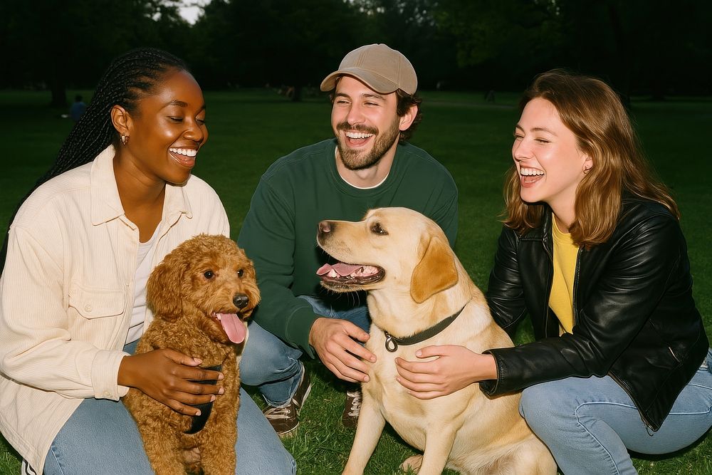 Joyful friends with dogs outdoors. | Free Photo - rawpixel