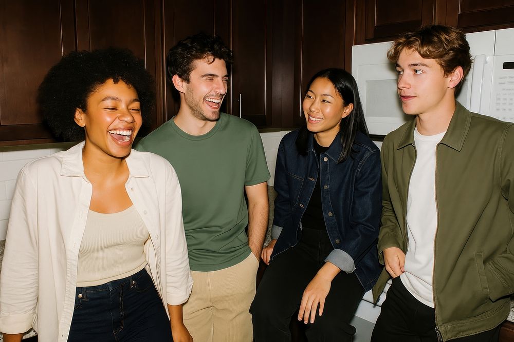 Diverse friends enjoying kitchen laughter. | Free Photo - rawpixel