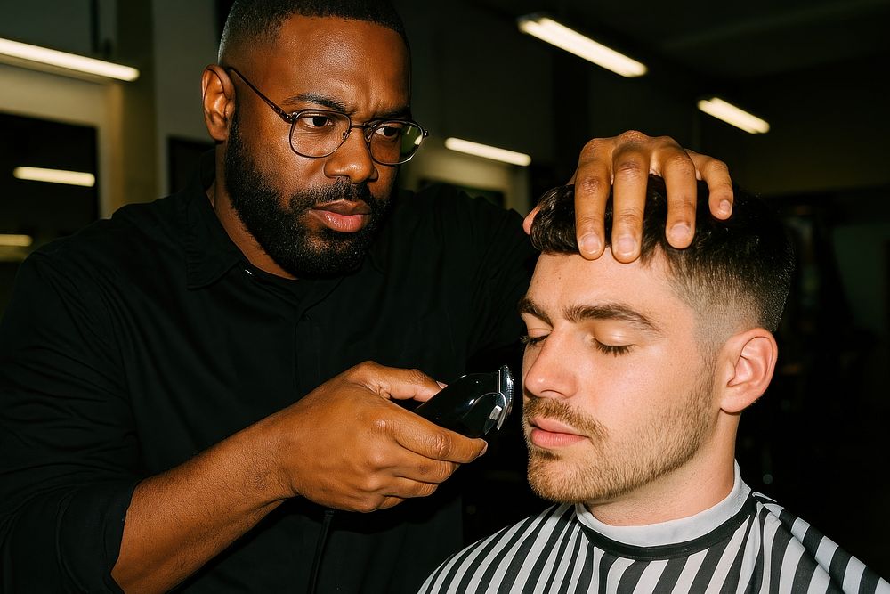 Barber trims client's beard. | Free Photo - rawpixel