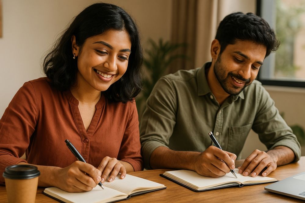 Smiling people writing together | Free Photo - rawpixel