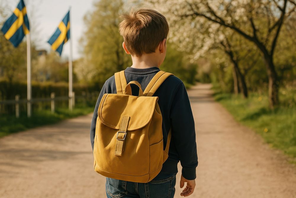 Child backpack outdoors Sweden flags | Free Photo - rawpixel