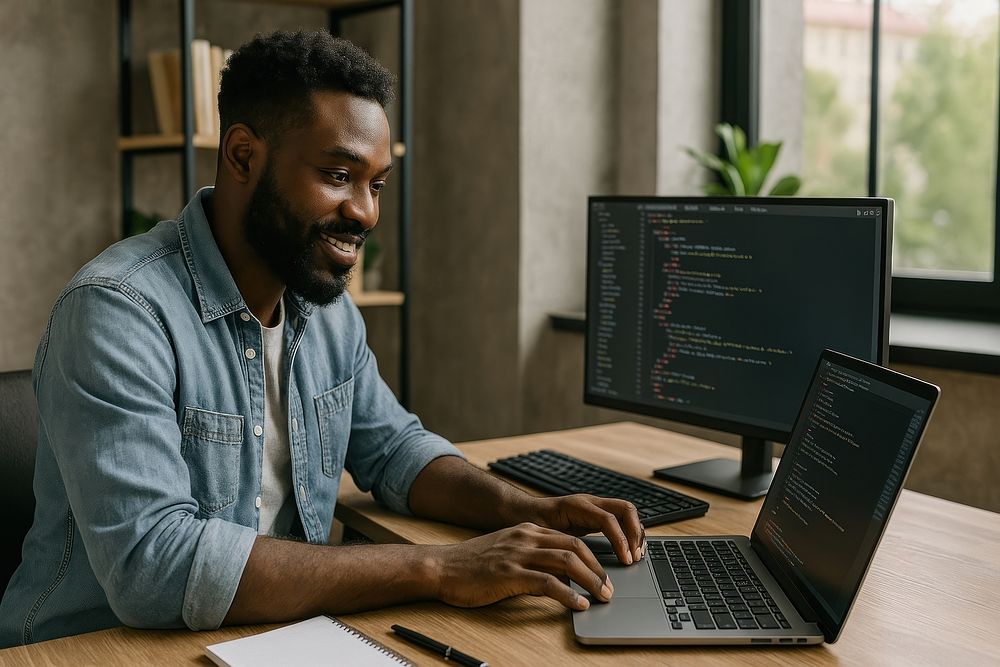 Developer coding at desk | Free Photo - rawpixel