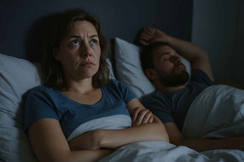 Woman awake, man sleeping, night. | Free Photo - rawpixel