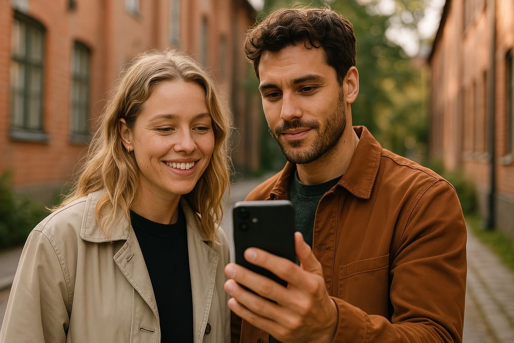 Smiling couple viewing smartphone outdoors | Free Photo - rawpixel