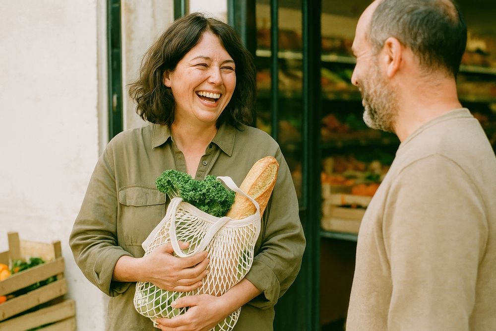 Happy grocery shopping interaction outdoors. | Free Photo - rawpixel