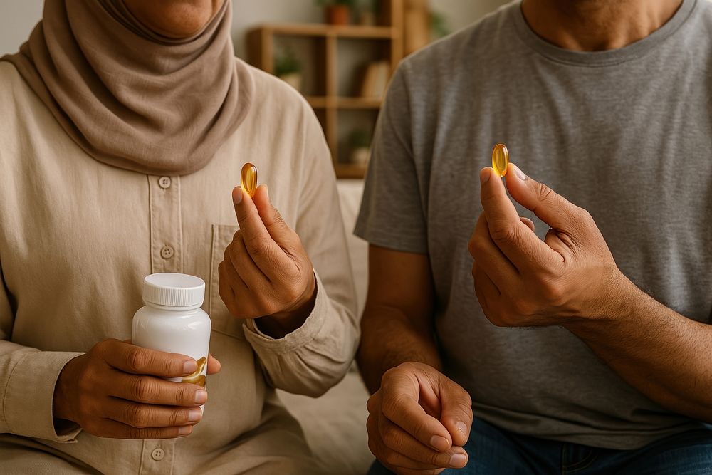 Couple holding vitamin capsules. | Free Photo - rawpixel
