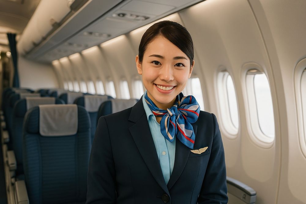 Flight attendant smiling onboard aircraft. | Free Photo - rawpixel
