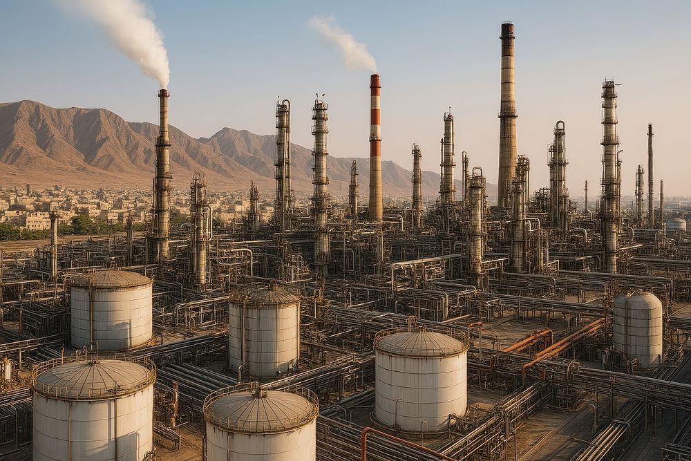 Industrial refinery amidst mountainous backdrop. | Free Photo - rawpixel