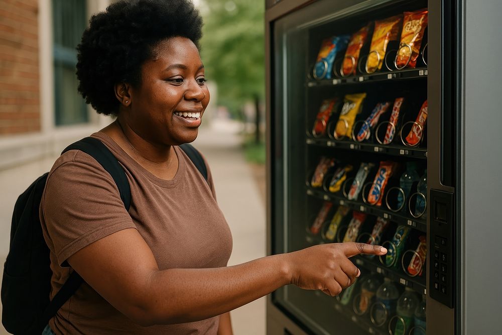 Woman using vending machine outdoors. | Free Photo - rawpixel