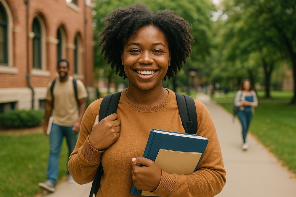 Student smiling on campus pathway | Free Photo - rawpixel