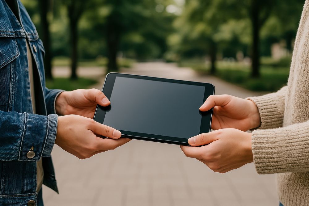 Hands exchanging digital tablet outdoors. | Free Photo - rawpixel
