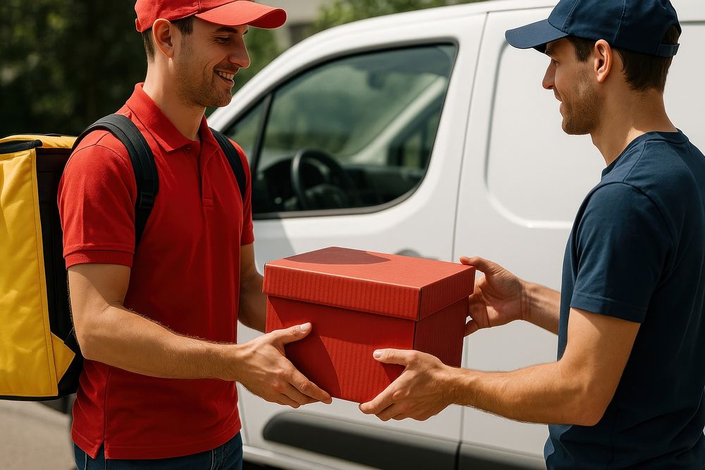 Delivery exchange between two couriers | Free Photo - rawpixel