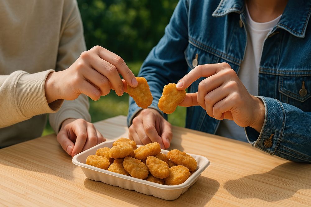 Friends enjoying chicken nuggets outdoors. | Free Photo - rawpixel