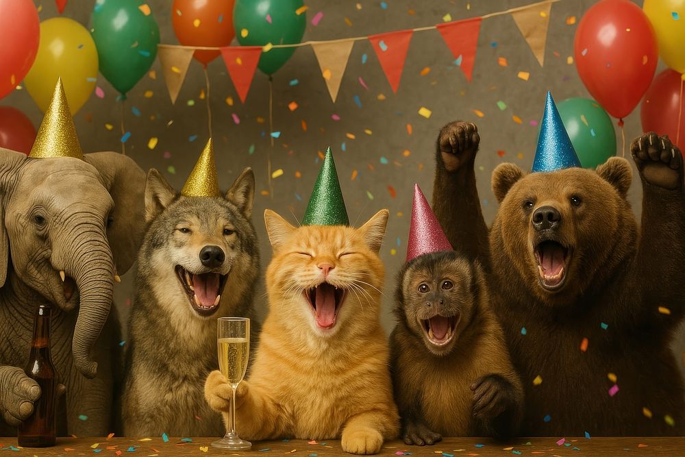Animals celebrating with party hats | Free Photo - rawpixel
