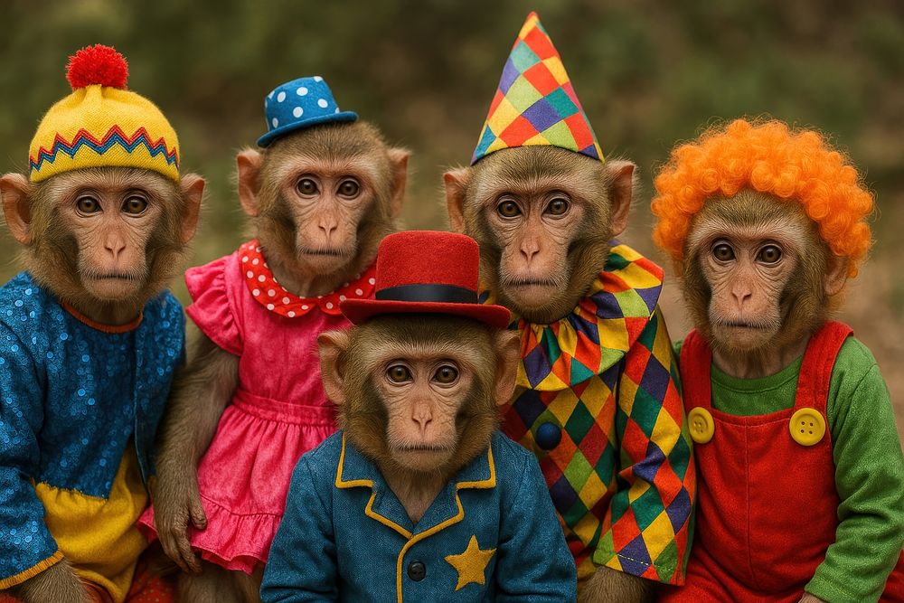 Monkeys dressed as colorful clowns. | Free Photo - rawpixel