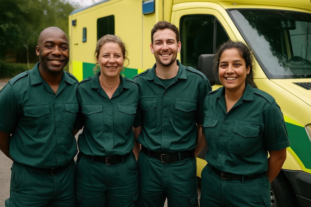 Smiling paramedics beside ambulance | Free Photo - rawpixel