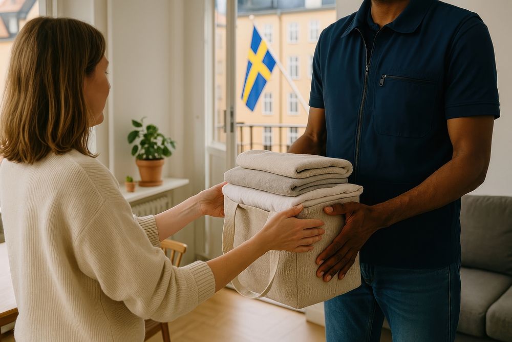 Friendly exchange of folded linens. | Free Photo - rawpixel