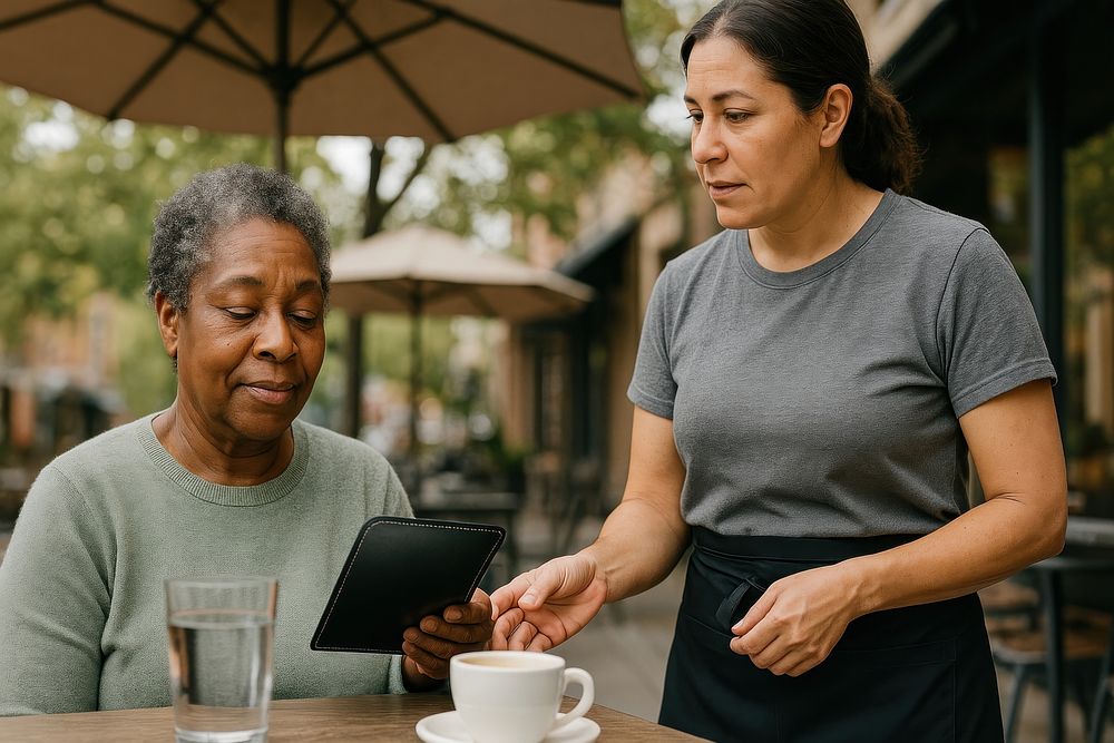 Outdoor cafe interaction, friendly service. | Free Photo - rawpixel