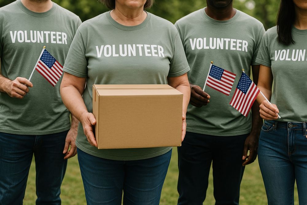 Volunteers holding flags and box. | Free Photo - rawpixel