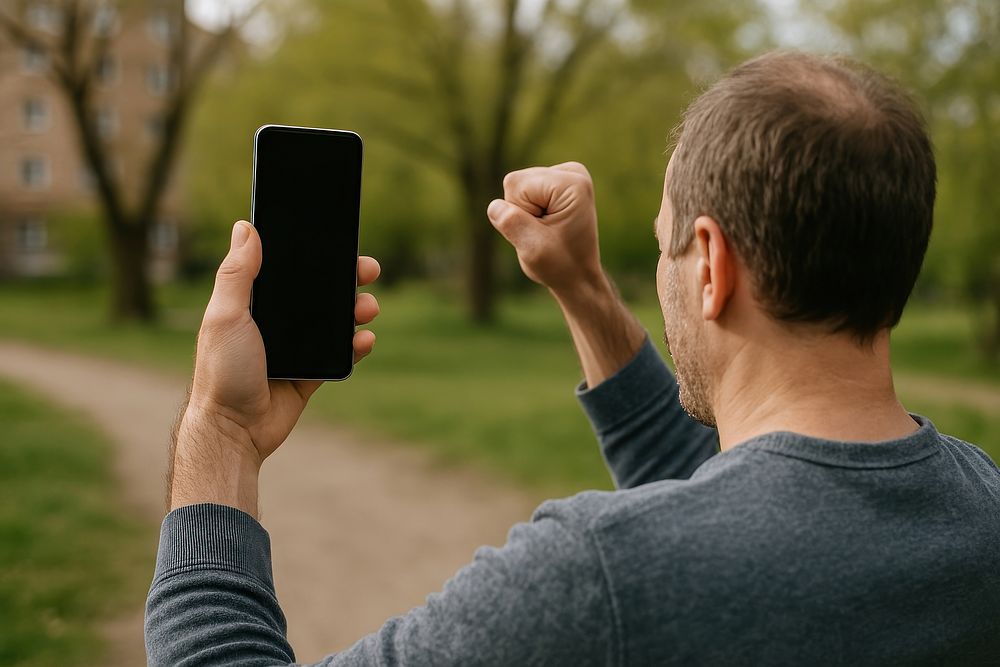 Man celebrates smartphone success outdoors. | Free Photo - rawpixel
