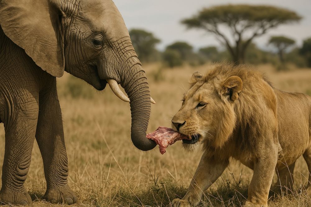 Elephant and lion sharing meal. | Free Photo - rawpixel