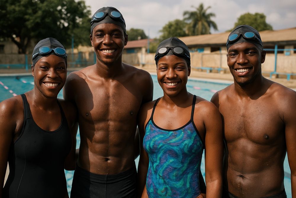 Smiling swimmers by pool | Free Photo - rawpixel