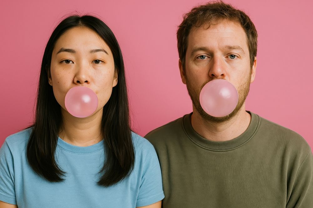 Couple blowing pink bubbles | Free Photo - rawpixel
