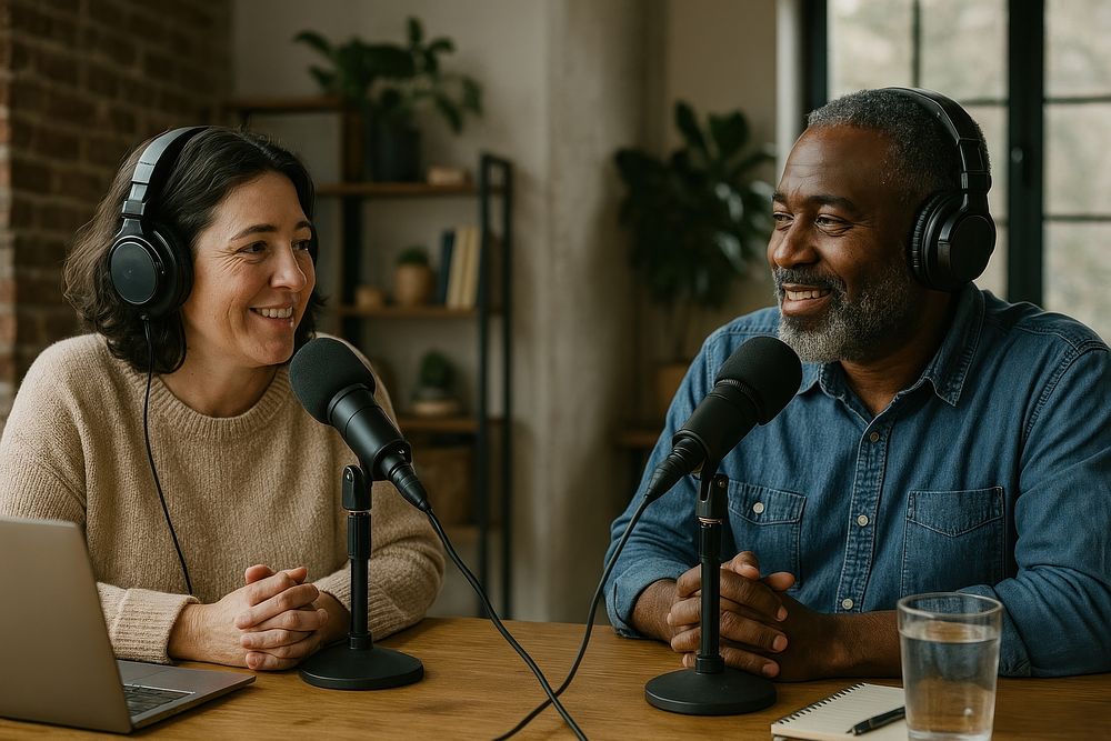 Diverse podcast hosts conversing happily | Free Photo - rawpixel