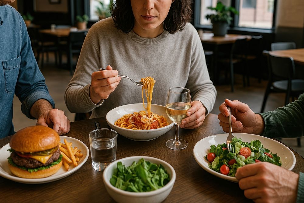 Dining trio enjoying diverse meals. | Free Photo - rawpixel