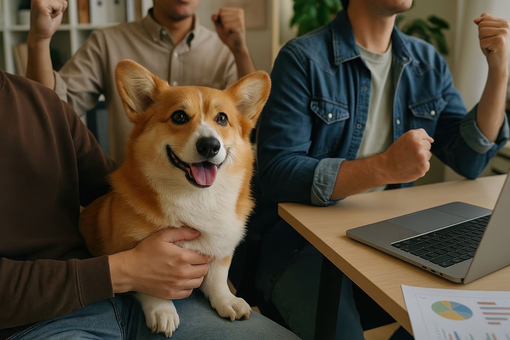 Corgi celebrates with office team | Free Photo - rawpixel