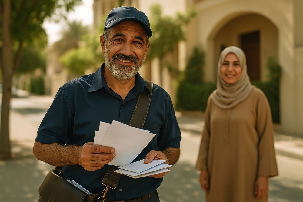 Smiling mailman delivering letters. | Free Photo - rawpixel